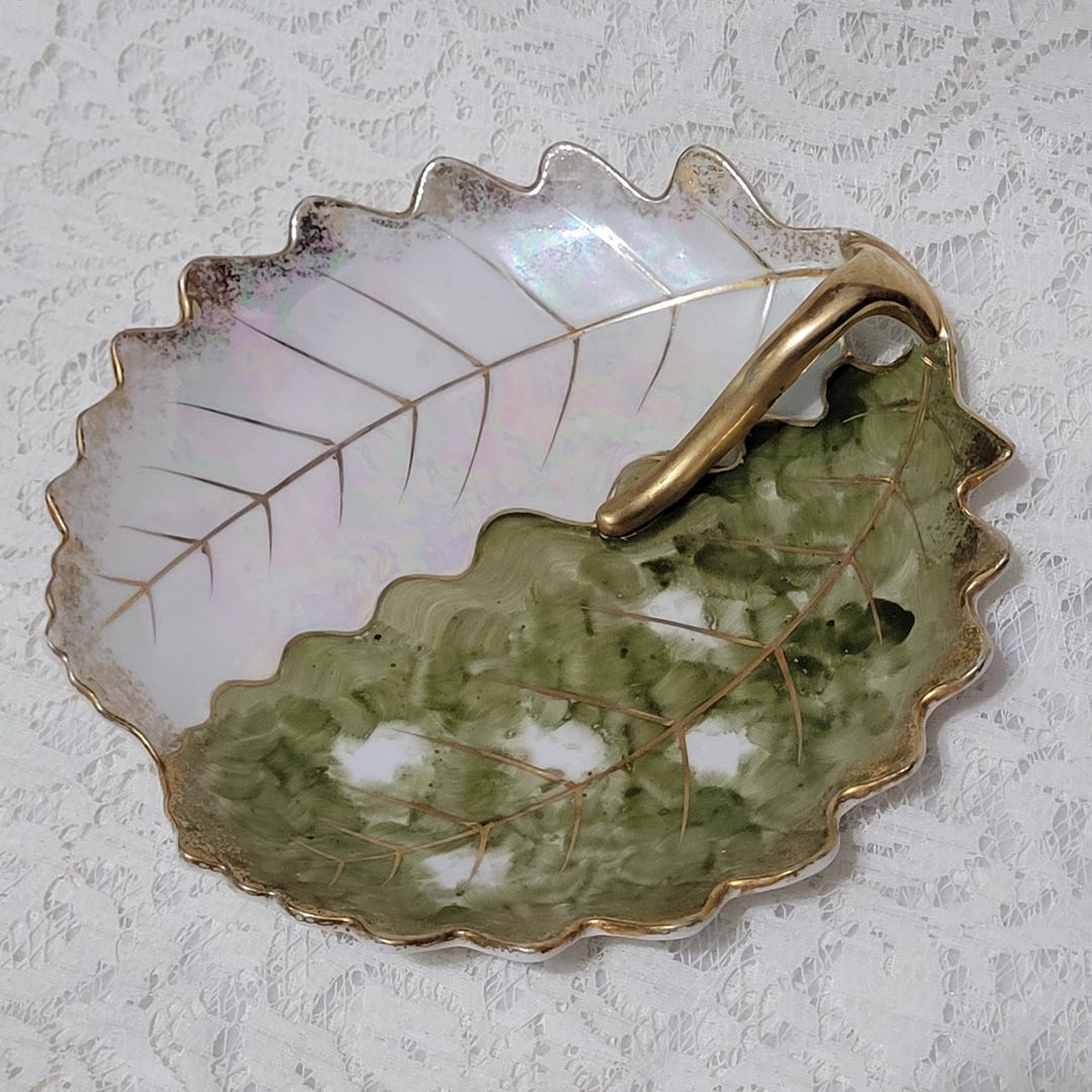 Vintage Iridescent Leaf Shape Dish With Handle Nappy Trinket Dish Green ...