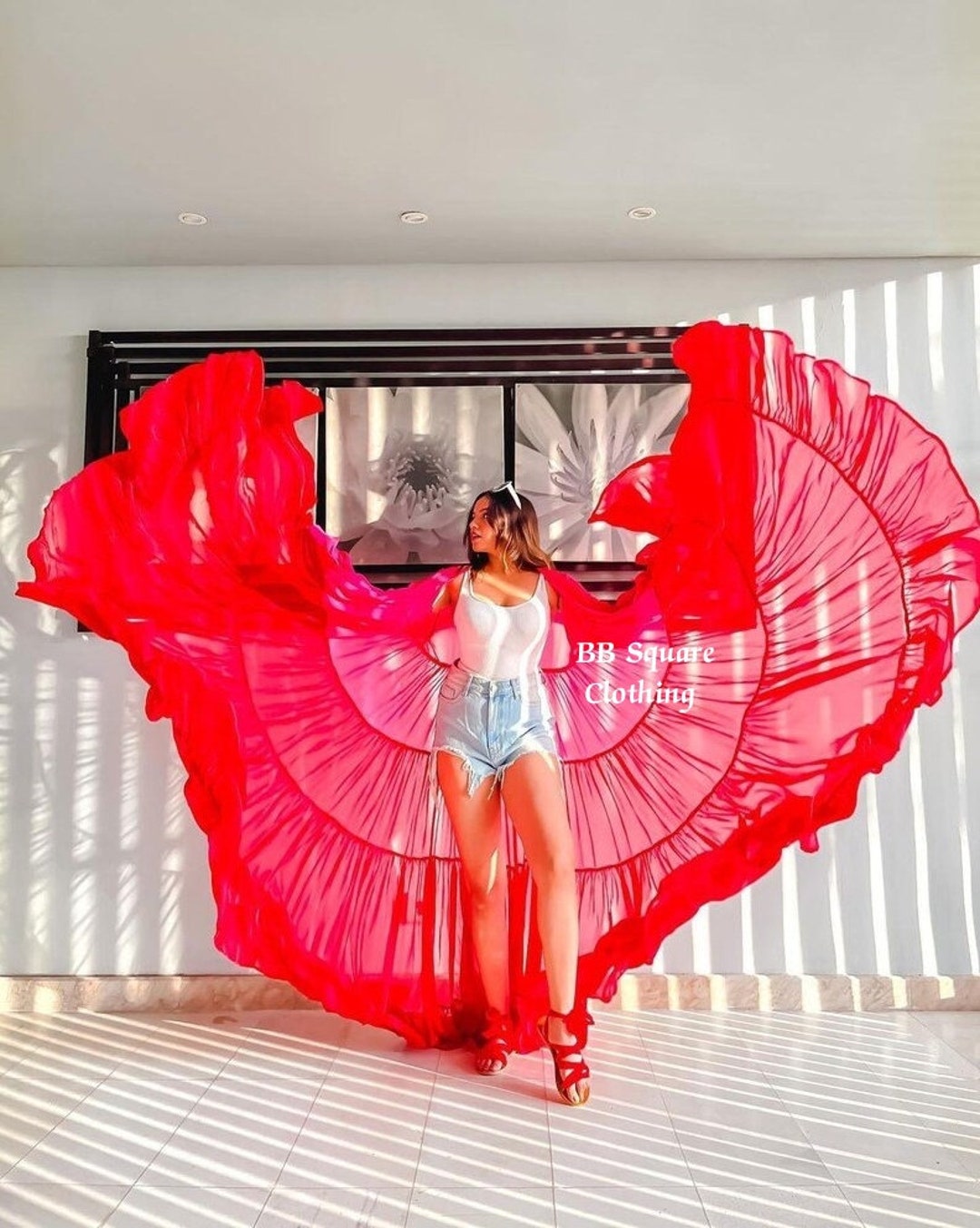 Red Beach Bikini Cover Up, Wrap Robe, Georgette Flying Tiered Shrug ...