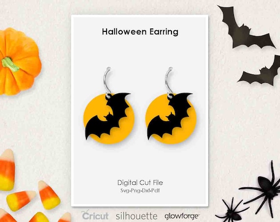 Halloween Bat Moon Earring Svg Dxf Pdf Png Formats Cricut | Etsy