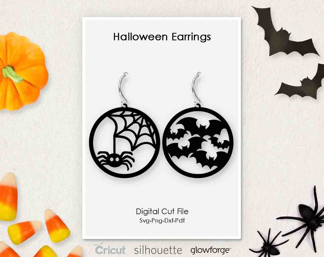 Halloween Bat Spider Web Round Circle Earring, Svg Dxf Pdf Png Formats ...