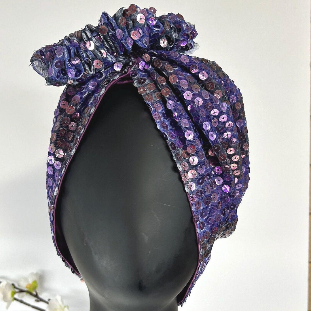 Shimmer Purple Sequin Turban : Satin-lined Party Headwear, Handmade - Etsy