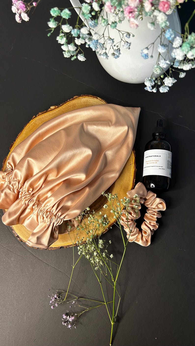 XL Silky Satin Hair Bonnet: Rose Gold Ruffled Double Layer Adjustable ...