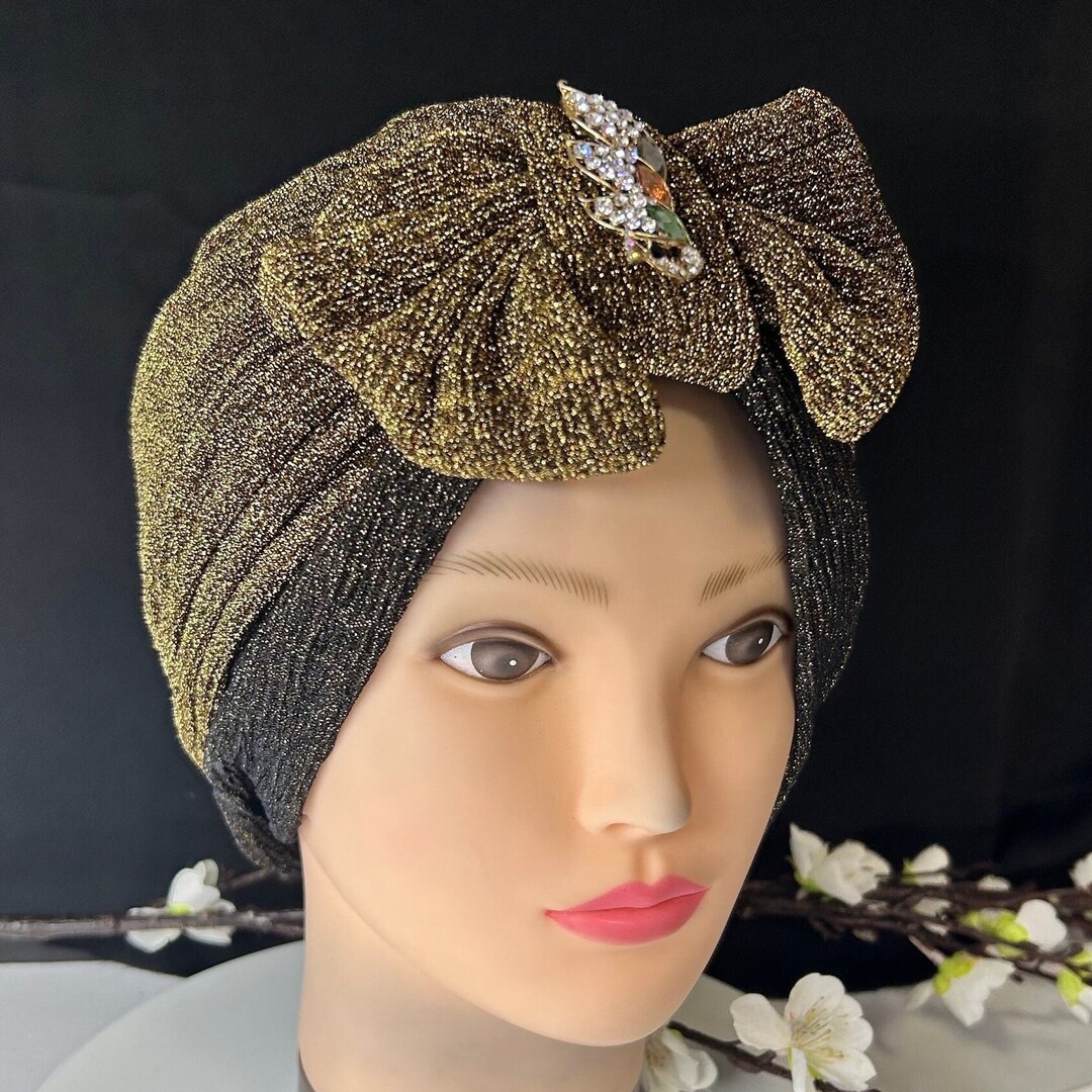Gold Shimmering Turban With Rhinestone Brooch for Women, Headwear for ...