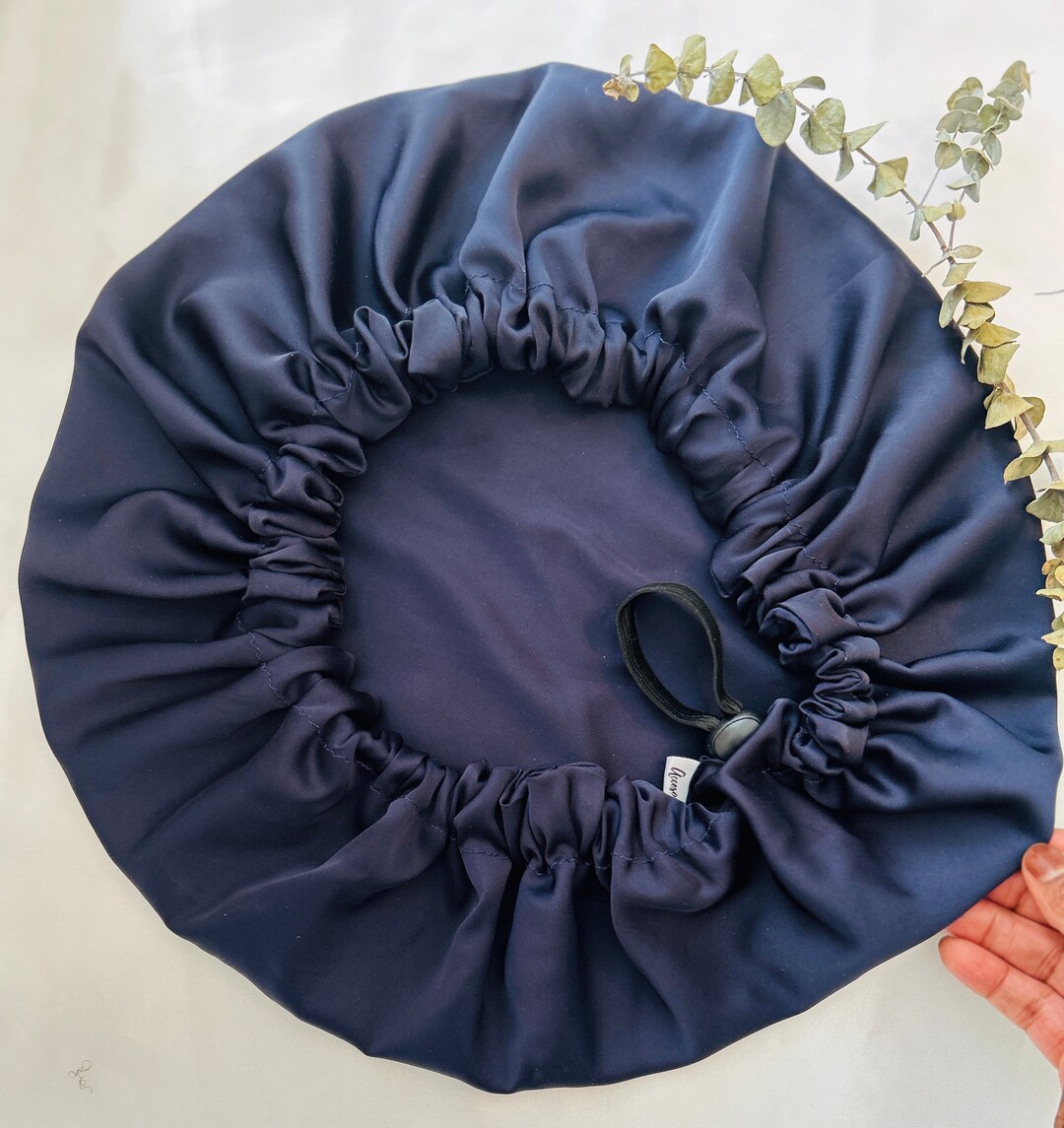 Navy Blue Silk Hair Bonnet With Adjustable Elastic, Large Double Layer ...