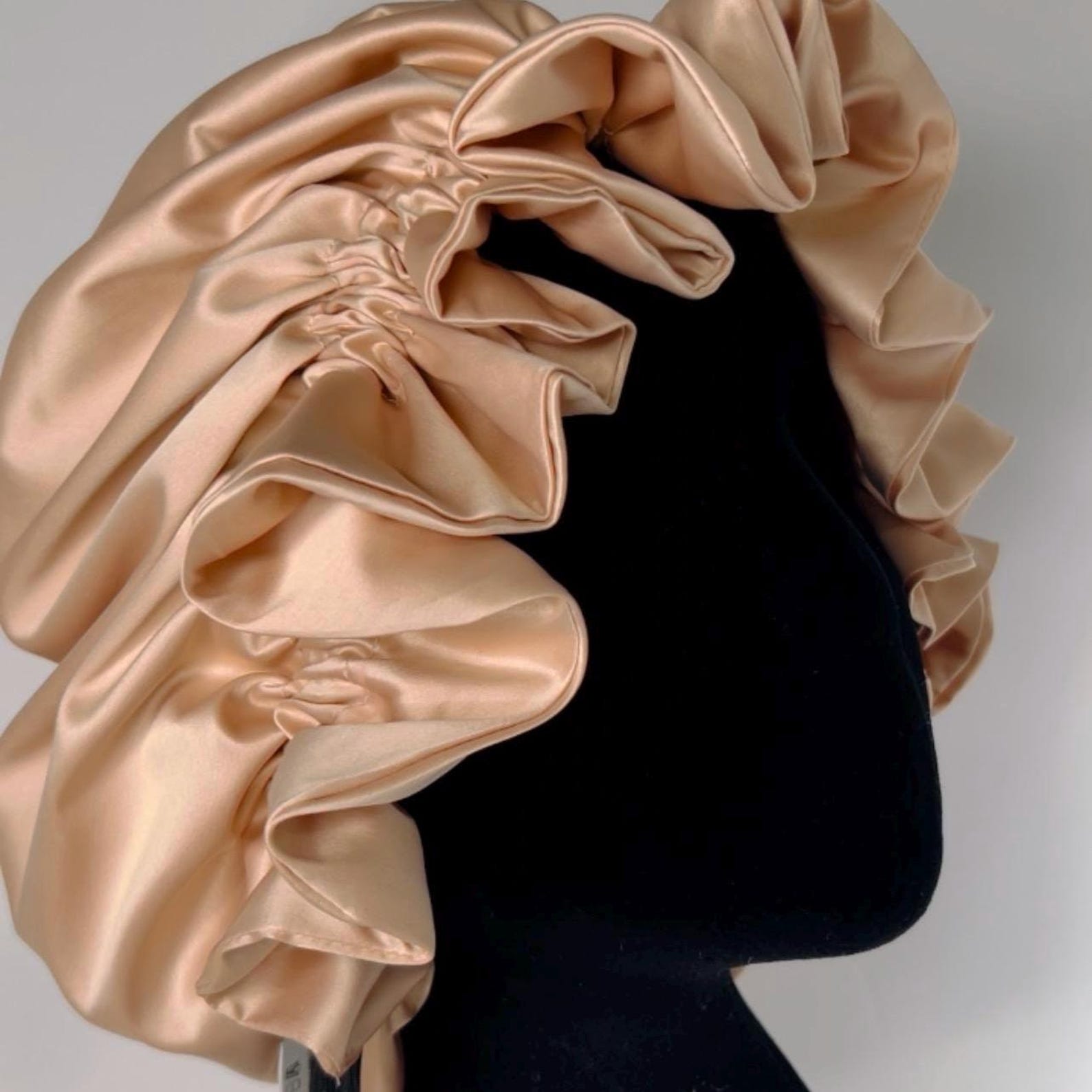 XL Silky Satin Hair Bonnet: Rose Gold Ruffled Double Layer Adjustable ...