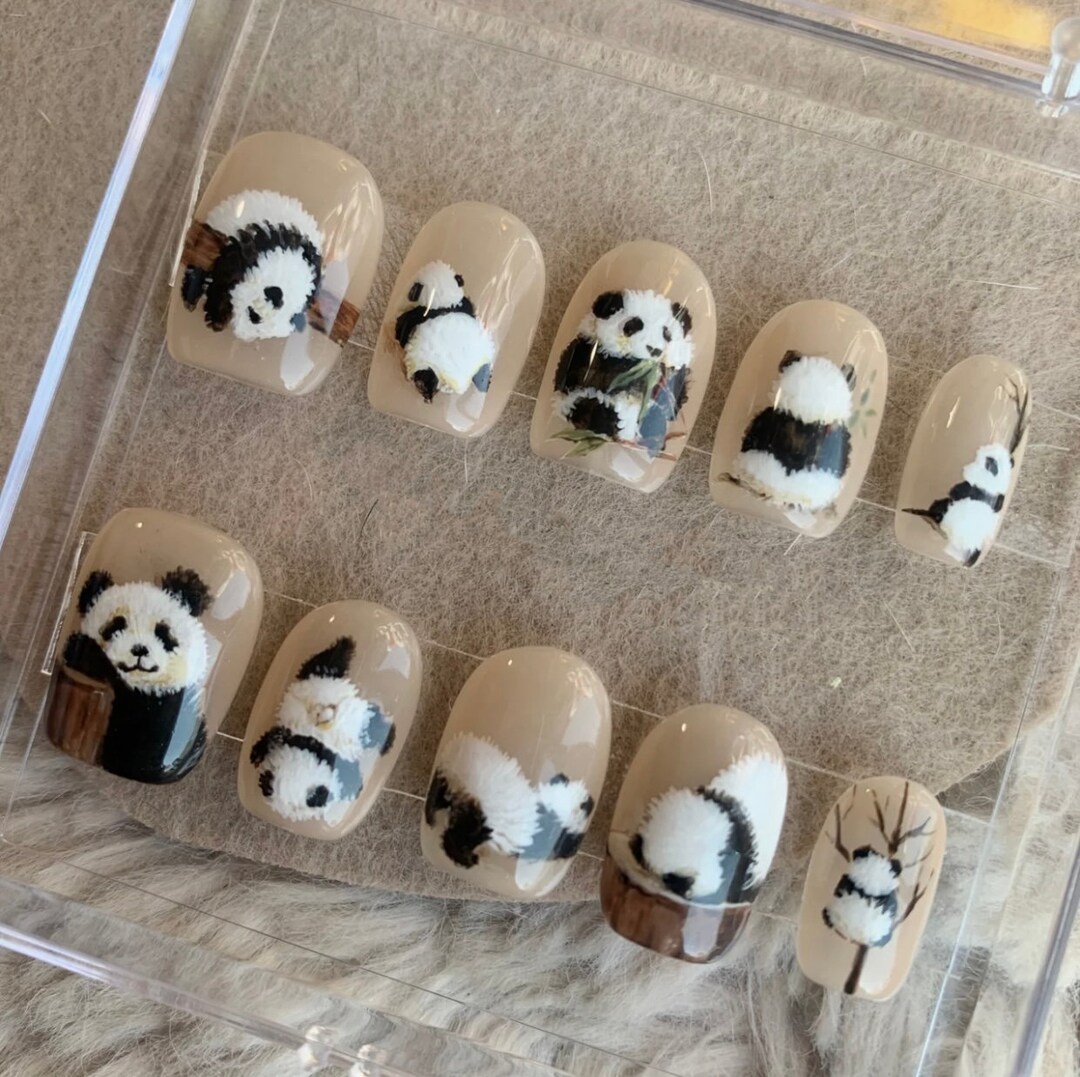 Handmade Cute Panda Press on Nail Black and White Animal Fake - Etsy