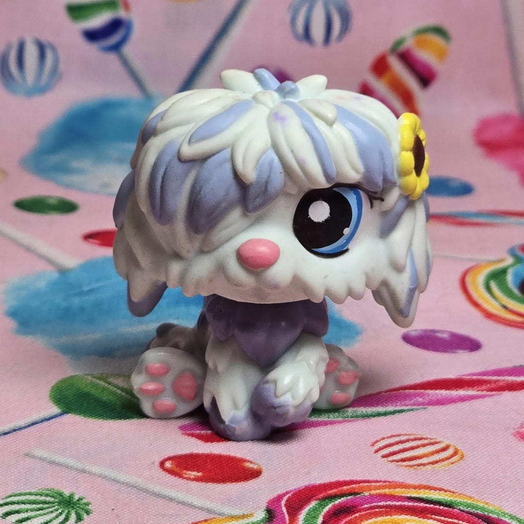 Littlest Pet Shop Authentic LPS #1712 White Blue Sheepdog Yellow Flower ...