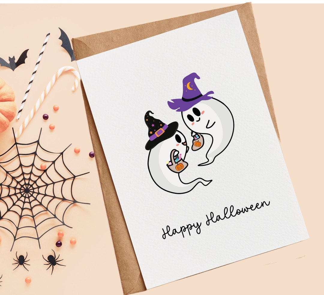 Halloween Card Happy Halloween Cute Ghosts Cards Folded - Etsy