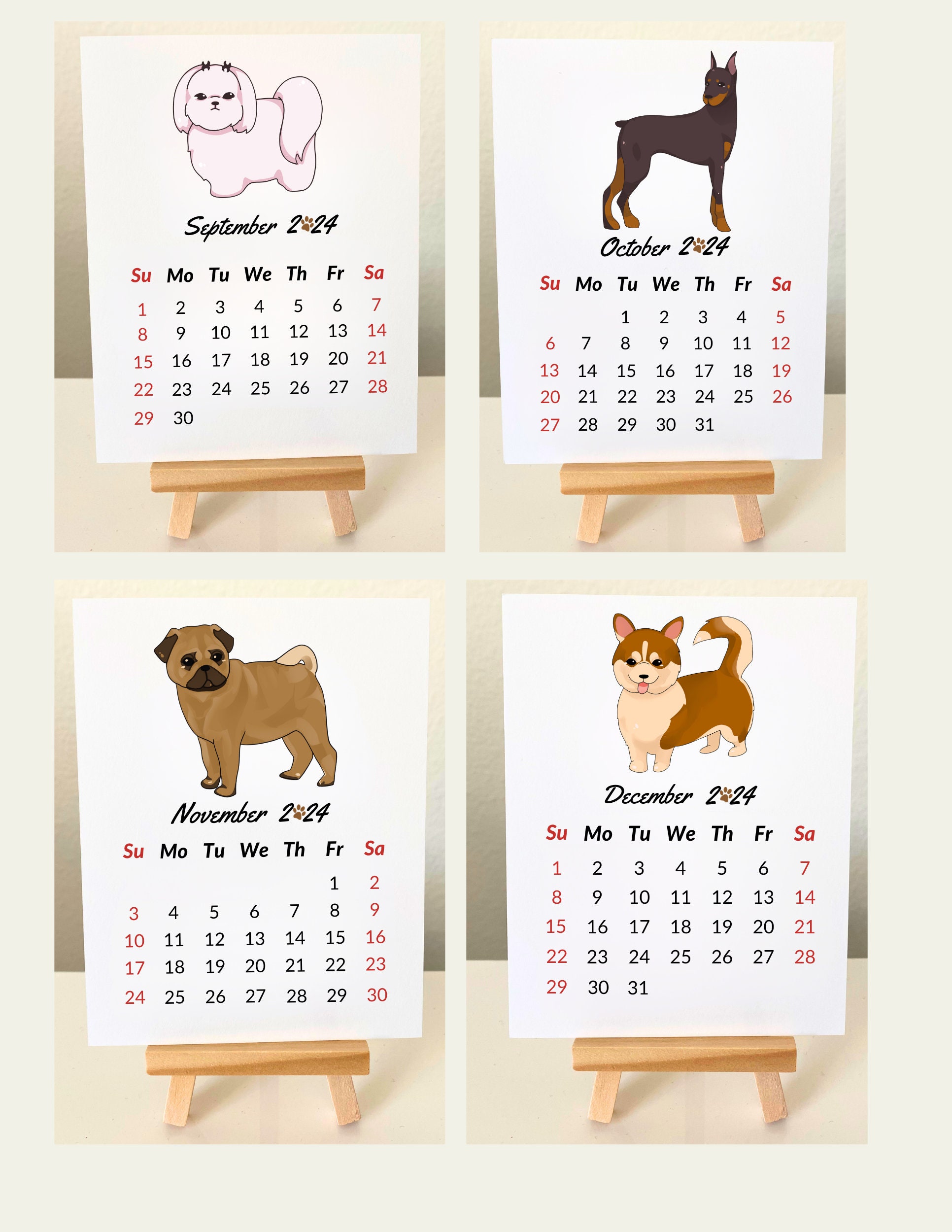 2024 Small Desk Calendar Illustrated Cute Dogs Mini Calendar - Etsy