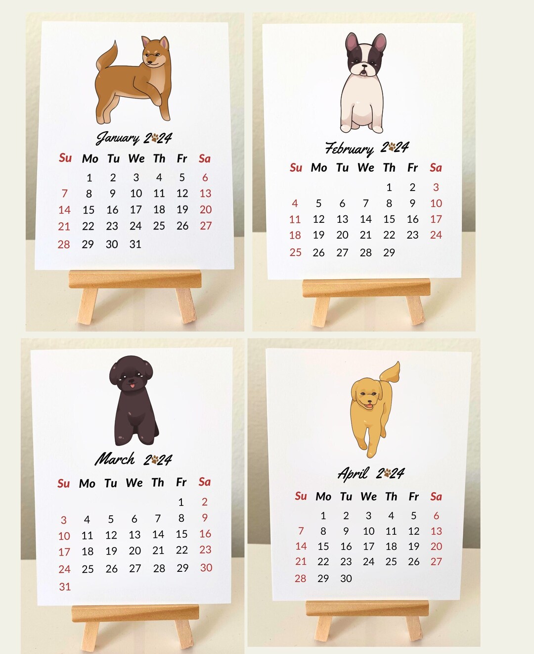 2024 Small Desk Calendar Illustrated Cute Dogs Mini Calendar - Etsy