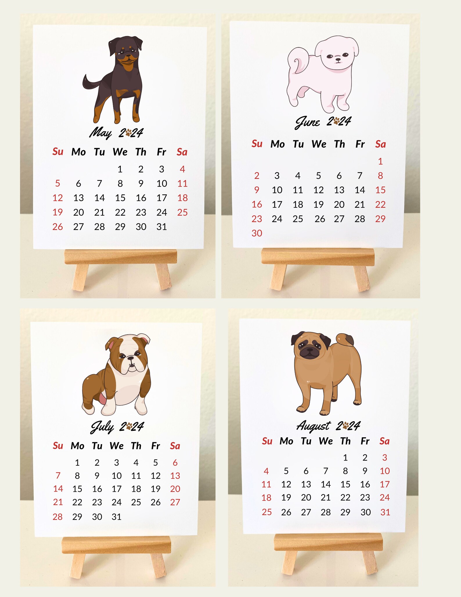 2024 Small Desk Calendar Illustrated Cute Dogs Mini Calendar - Etsy