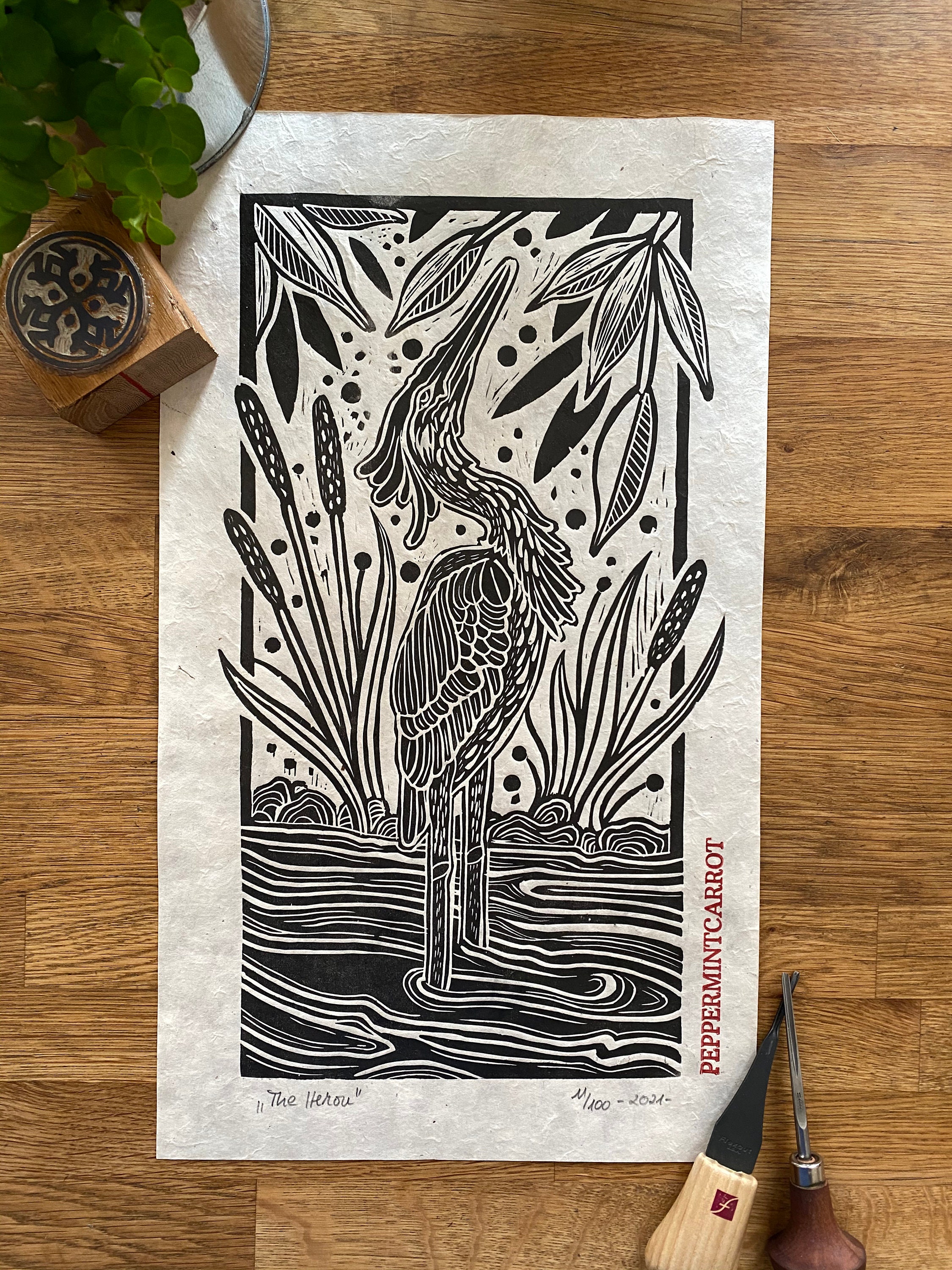 HERON Linocut Print Black/nature - Etsy