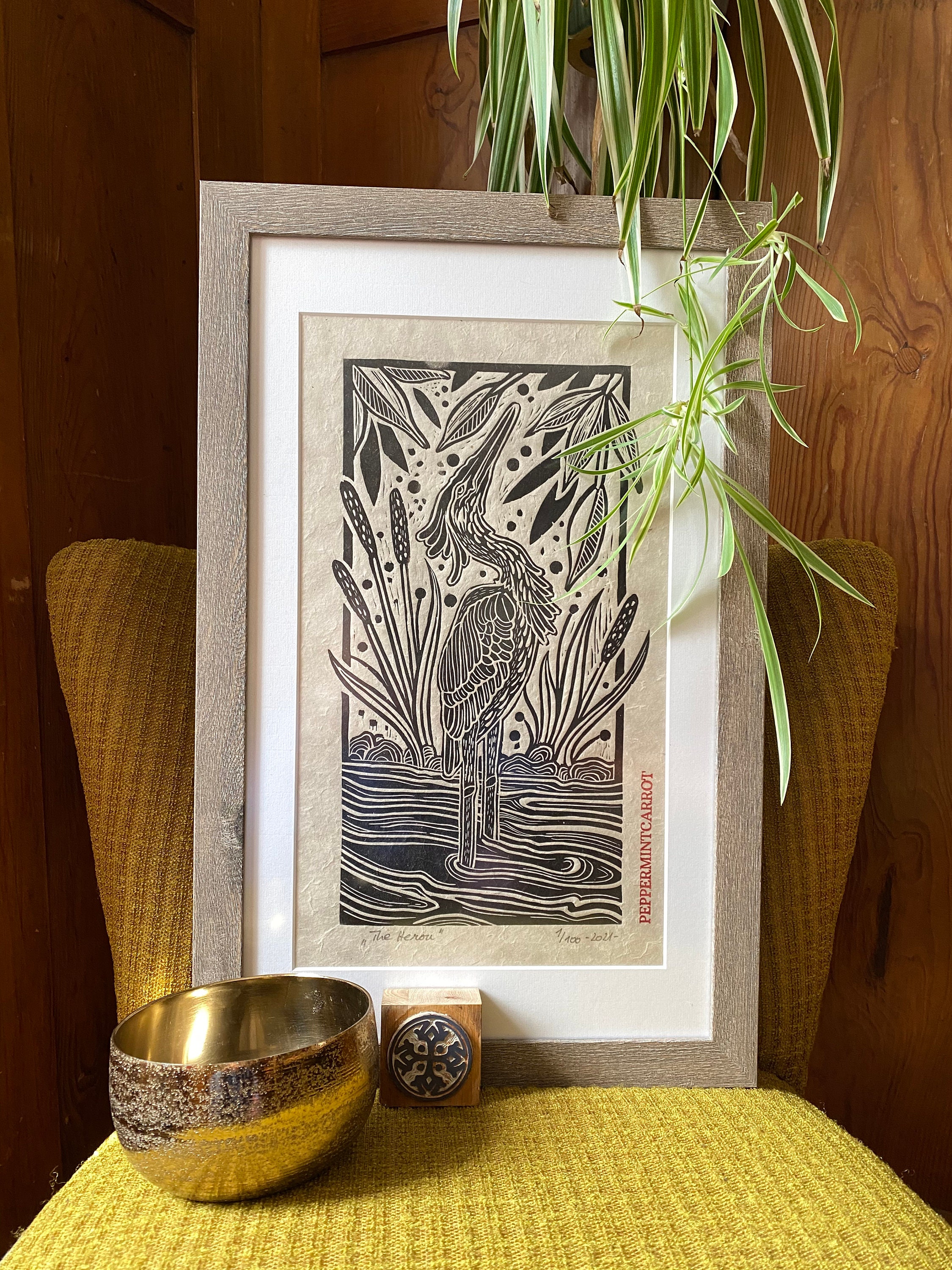 HERON Linocut Print Black/nature - Etsy
