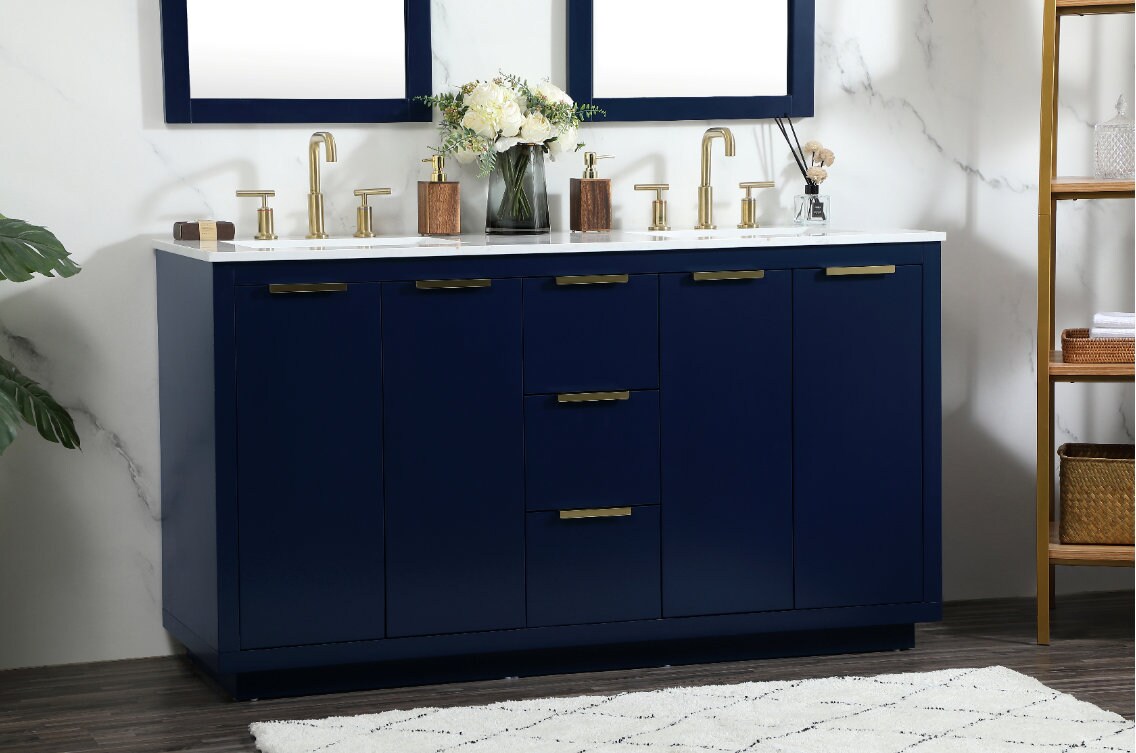 Modern 60-inch Double Bathroom Vanity in Blue/grey/white - Elegant ...
