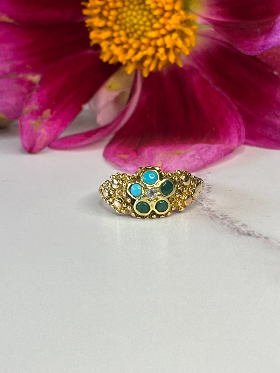 Victorian Forget Me Not Old Cut Diamond and Turquoise 18ct Gold Ring - Etsy