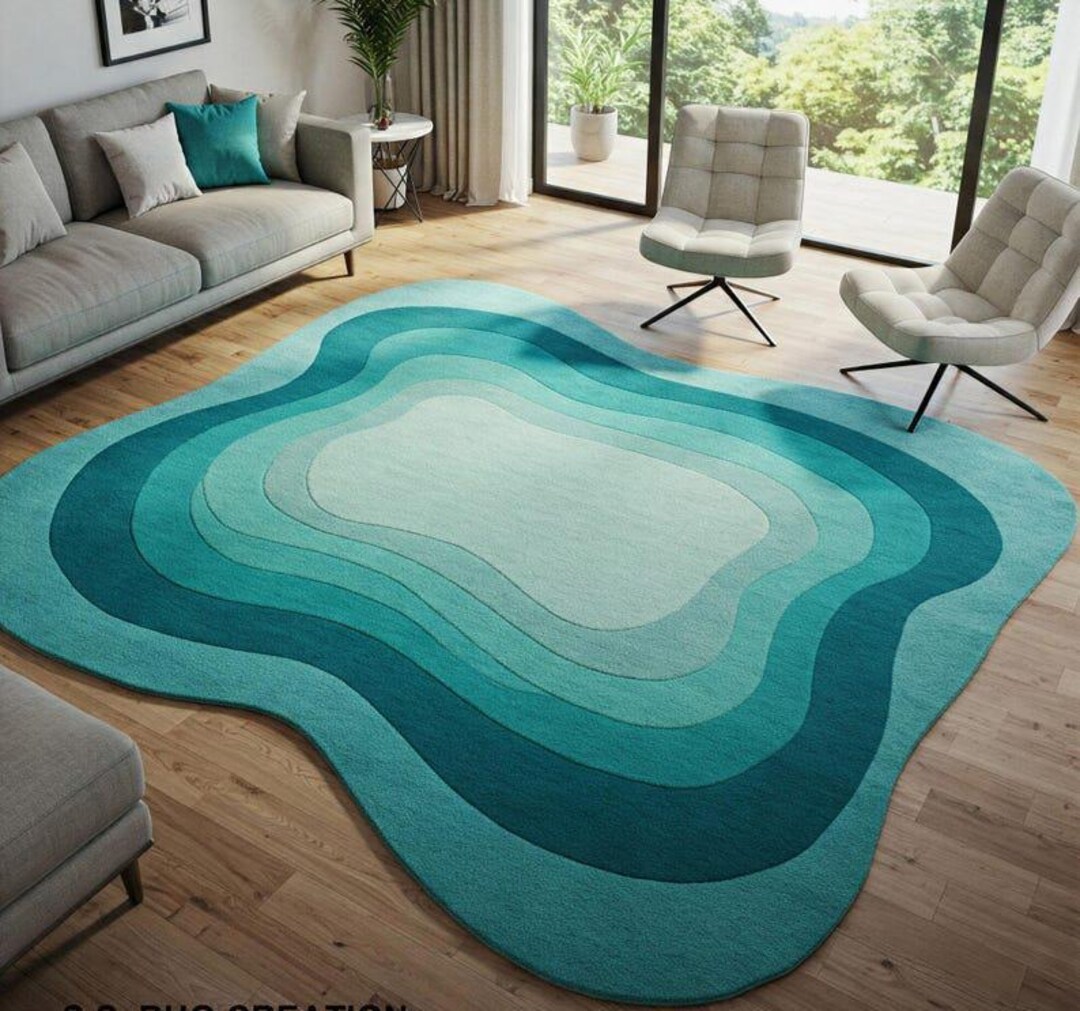 Hand Tufted Wool Amoeba Rug, Teal Blue Area Rug - Etsy