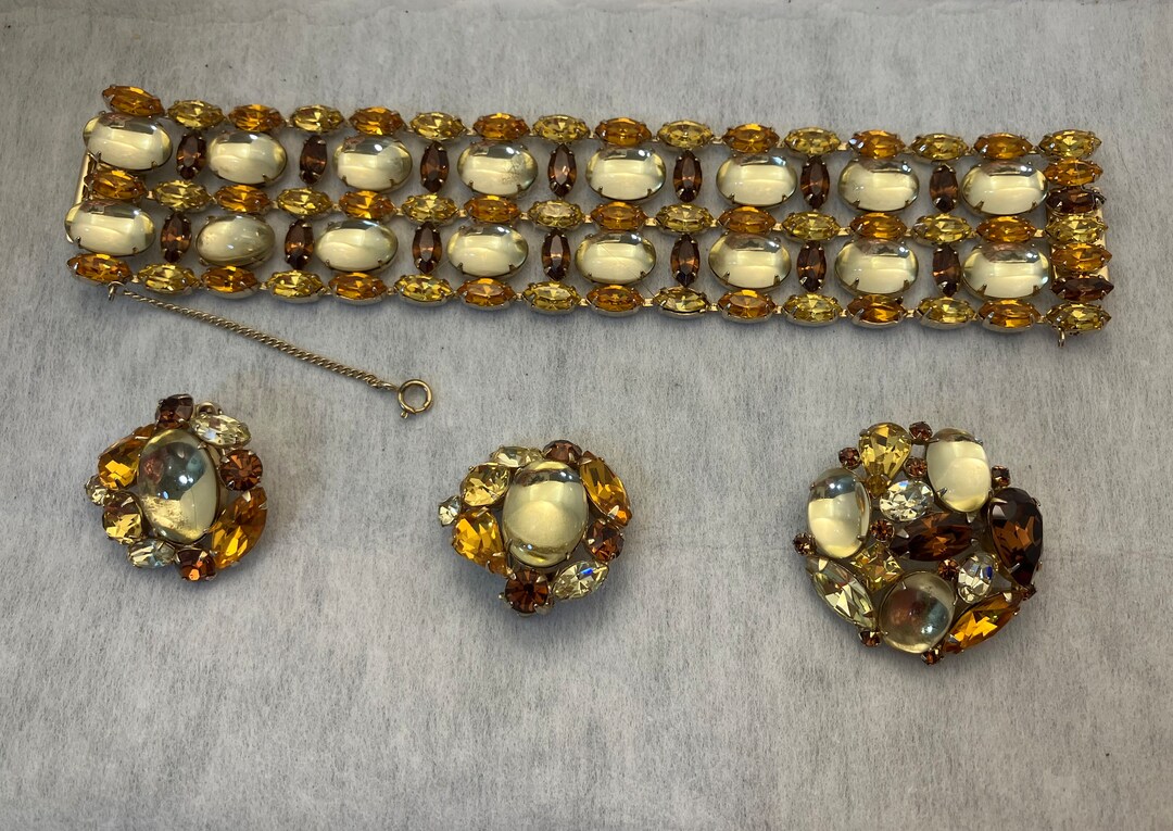 Rare Sherman Parure Mirror Back Cabochon 1960's Autumn Colors Bracelet ...
