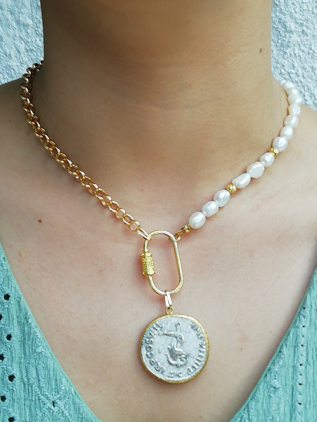 Pearl Neclace, Minor Baroque Pearl Locket Necklace, Ancient Greek Coin ...