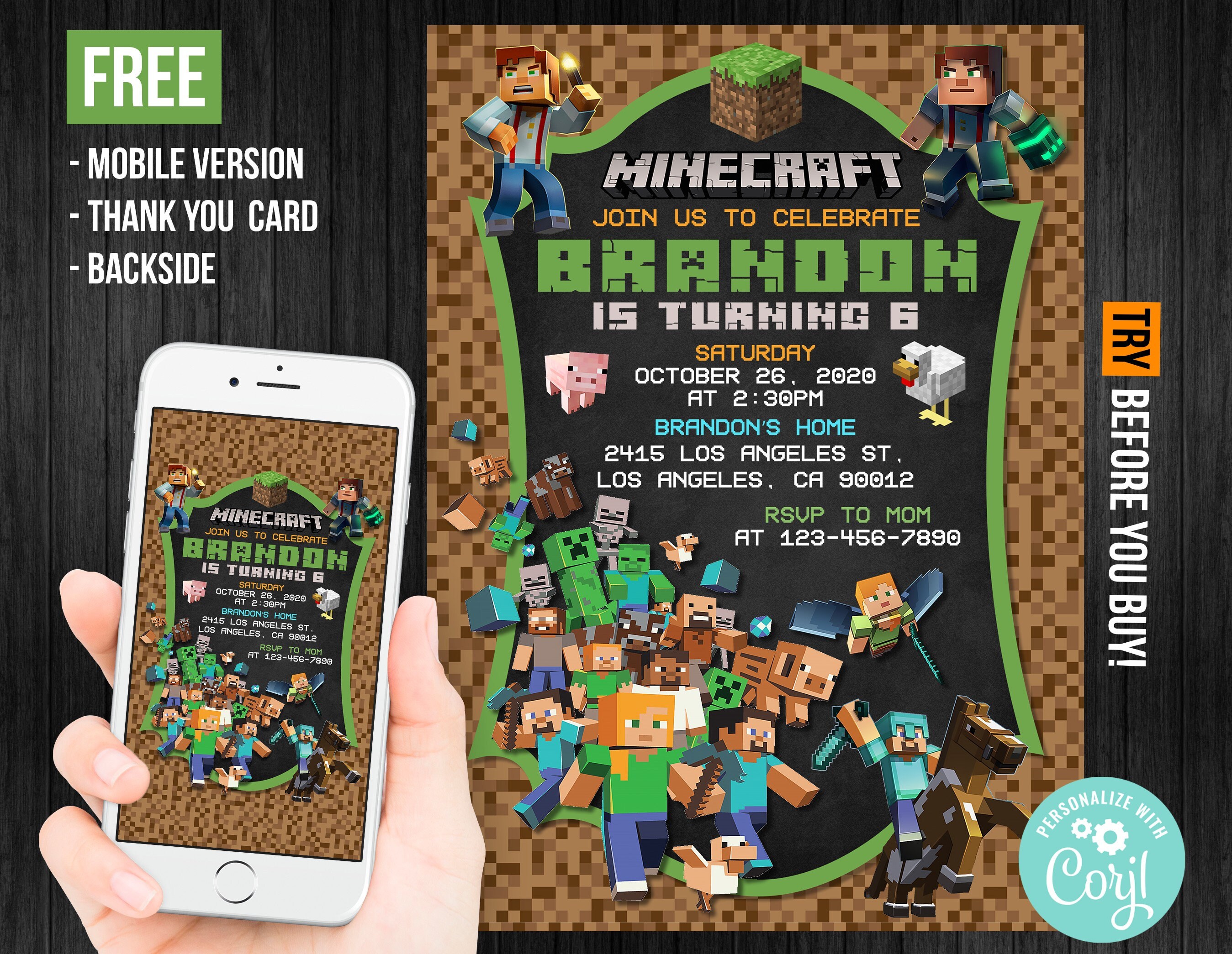 Mine Theme birthday Invitation pixel party printable invitation ...