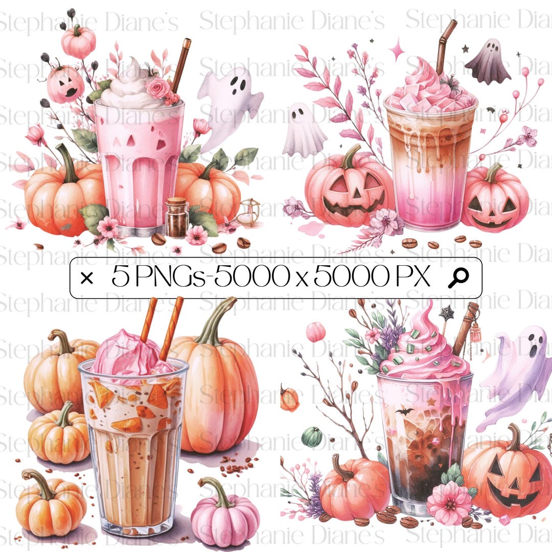 Halloween Watercolor Clipart Bundle: Spooky Iced Coffee, Pumpkins (PNG ...