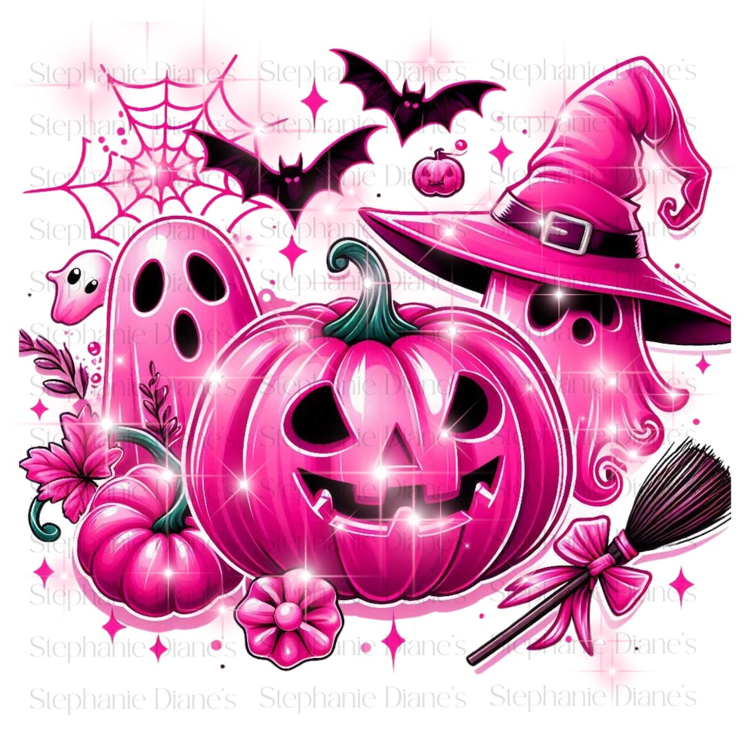 Pink Halloween Cartoon PNG: Spooky Ghost, Witch, Pumpkin (digital ...