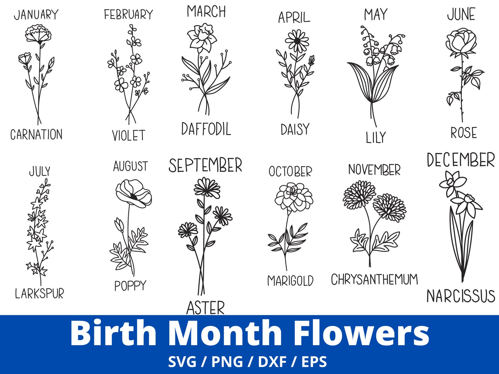 Birth Month Flower Bouquet Svg Bundle Birth Month Flower Png - Etsy