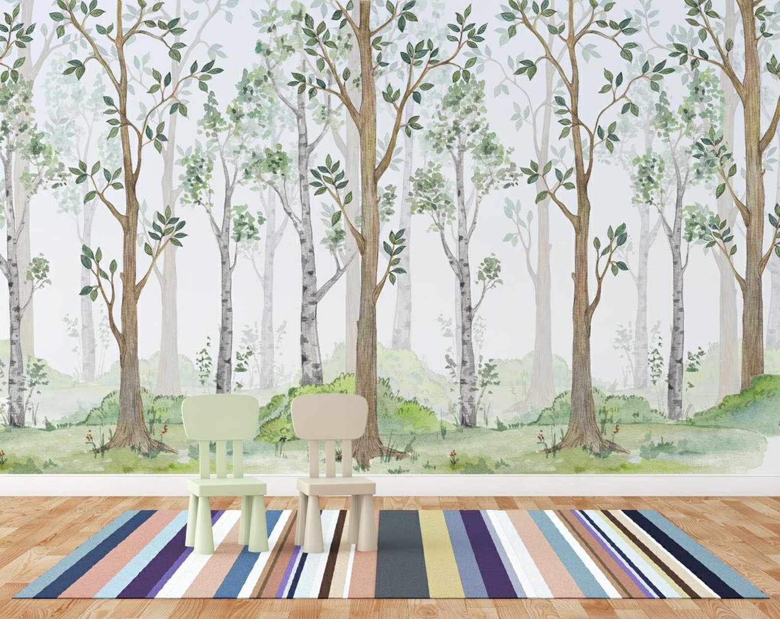 Tree Wallpaper, Forest Peel and Stick Wallpaper, Watercolour Kids Room ...
