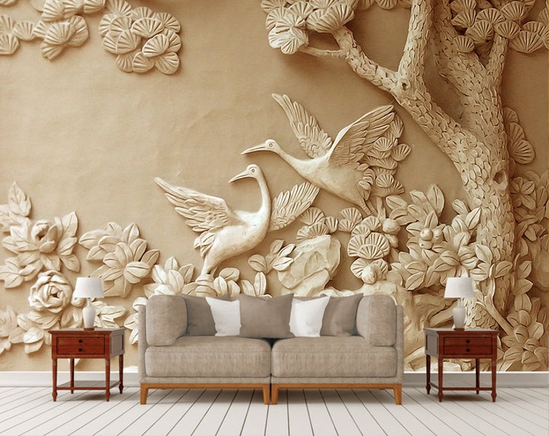 3D Relief Tree Mural Wallpaper | Crane & Floral Wall Art - Etsy