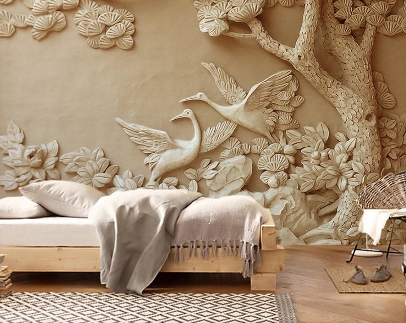 3D Relief Tree Mural Wallpaper | Crane & Floral Wall Art - Etsy