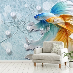 3D Three-dimensional Coloured Fish Wall Murals | Non Woven Wallpaper or ...