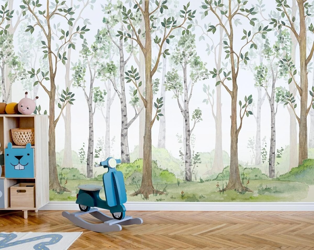 Tree Wallpaper Forest Peel and Stick Wallpaper Watercolour - Etsy