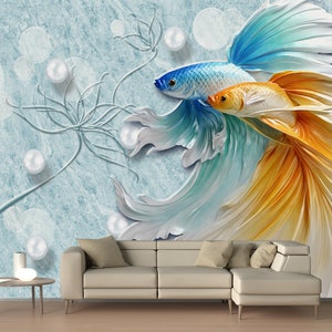 3D Three-dimensional Coloured Fish Wall Murals | Non Woven Wallpaper or ...