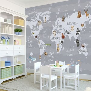 Cute Animals Kids World Map Wallpaper for Kids Room Atlas Animal Theme ...
