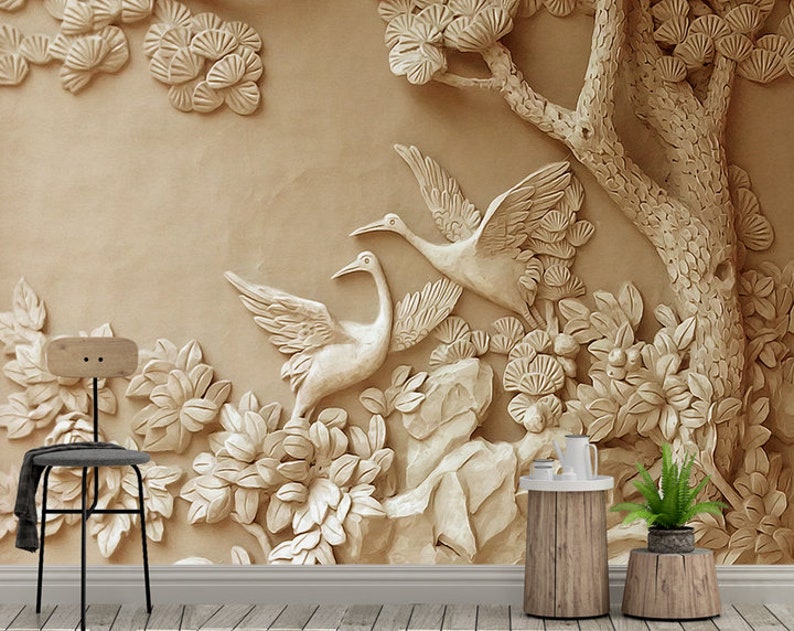 3D Relief Tree Mural Wallpaper | Crane & Floral Wall Art - Etsy