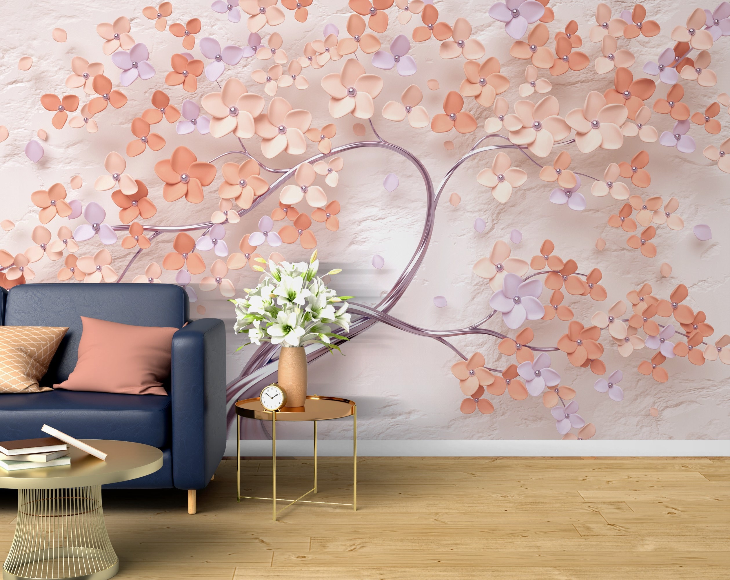 3D Rose Pink Flowers and Tree Mural Wallpaper Peel and Stick - Etsy
