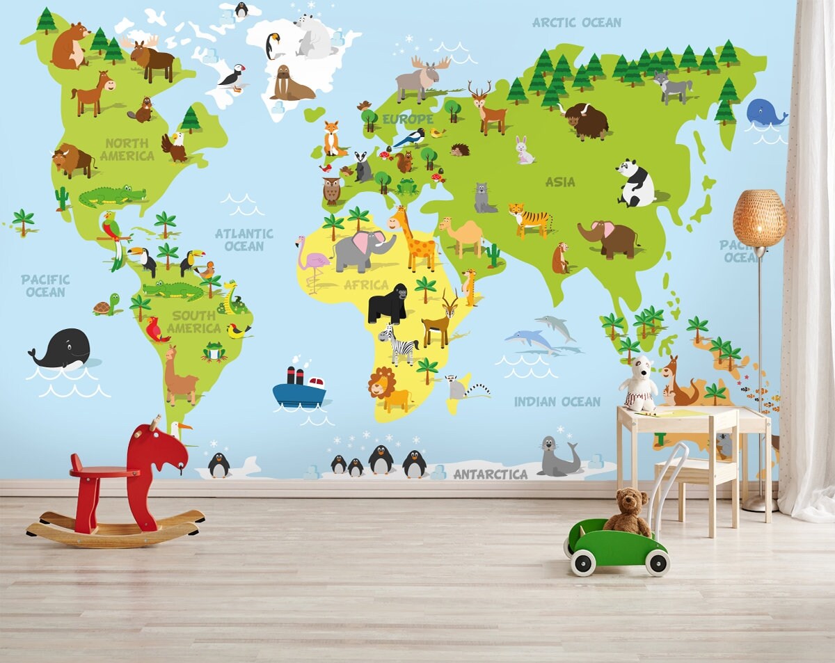 Nursery World Map Wallpaper Kids Room Wallpaper Animal World - Etsy