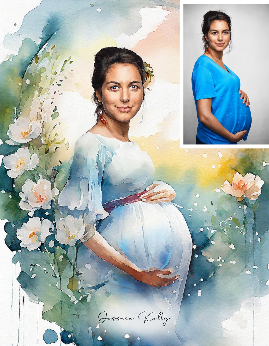 Pregnant Mother Portrait Drawing From Photo, Gift for Dad Mom,merry and ...
