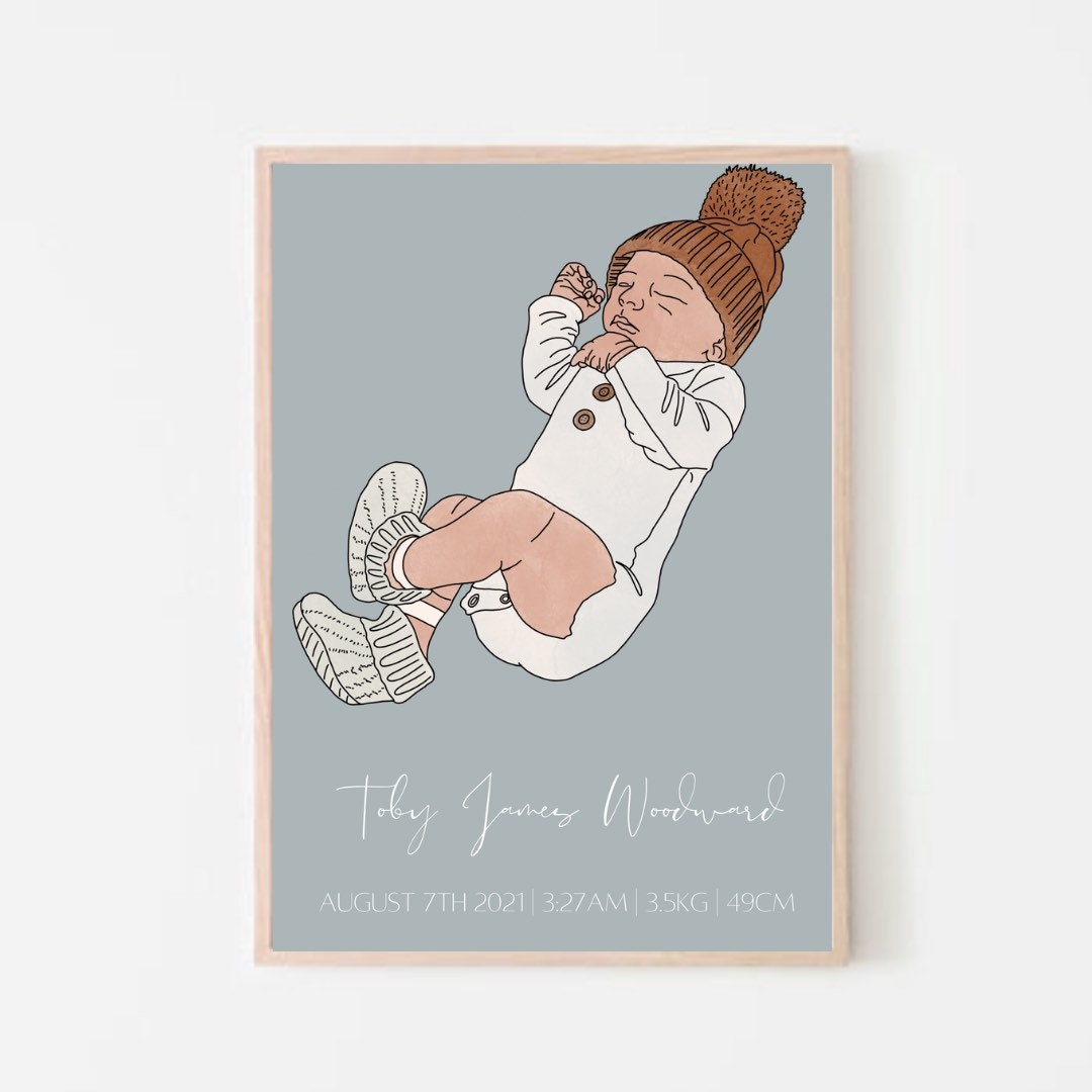 Custom Drawing Baby Birth Details Poster Line Drawing Birth Details ...
