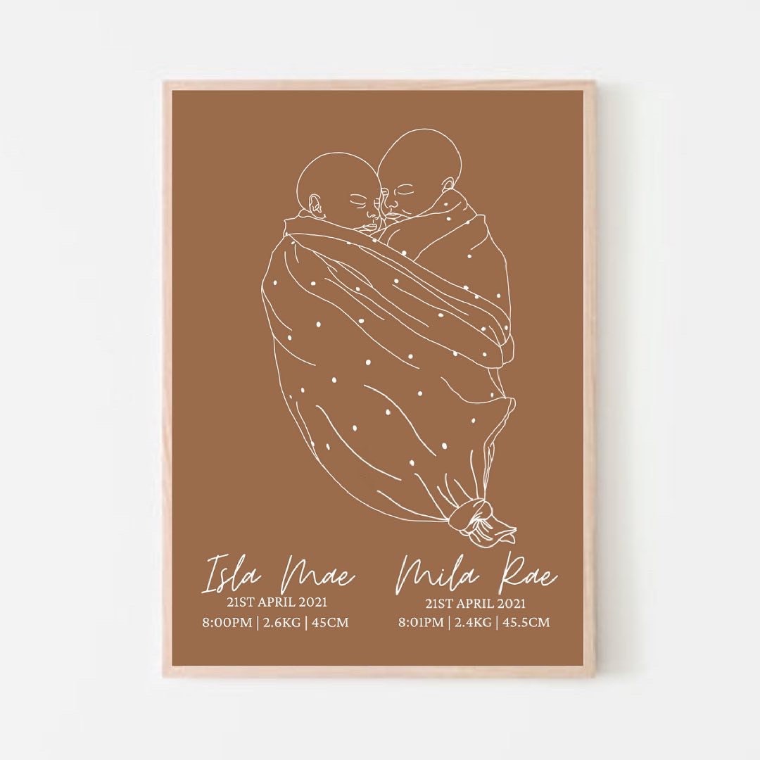 Twins Custom Drawing Baby Birth Details Poster | Line Drawing | Birth ...