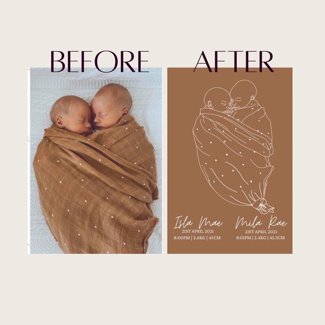 Twins Custom Drawing Baby Birth Details Poster | Line Drawing | Birth ...
