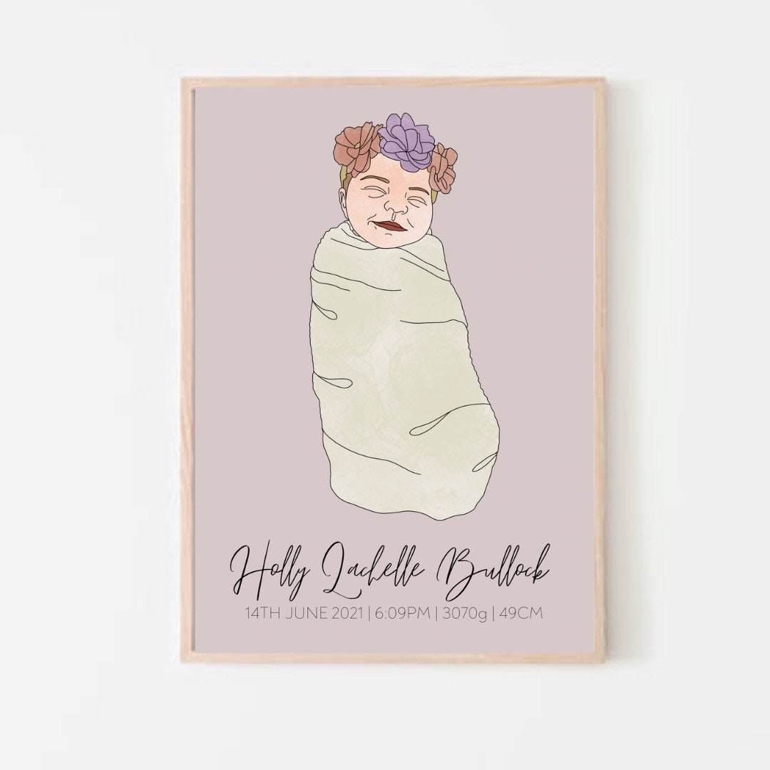 Custom Drawing Baby Birth Details Poster Line Drawing Birth Details ...