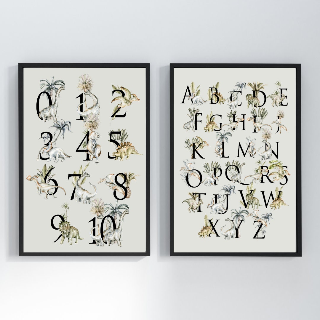 Dinosaur Alphabet and Numbers to 10 Poster Bundle Grey| Dinosaur ABC ...