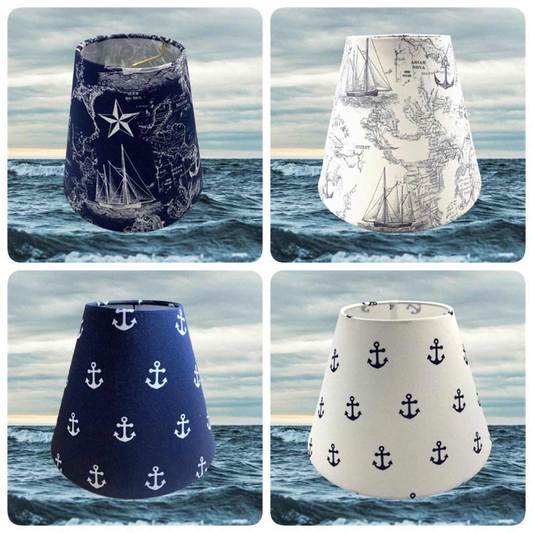 BULB CLIP ON Navy and White Sailboat Anchor Fabric Hardback Lamp Shades ...