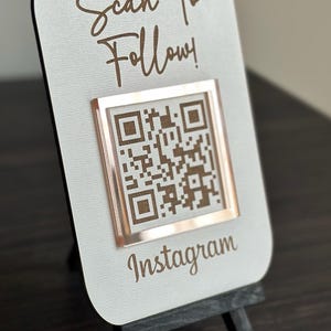 Custom QR Code Social Media Sign Engraved White Wood With Mirrored Rose ...