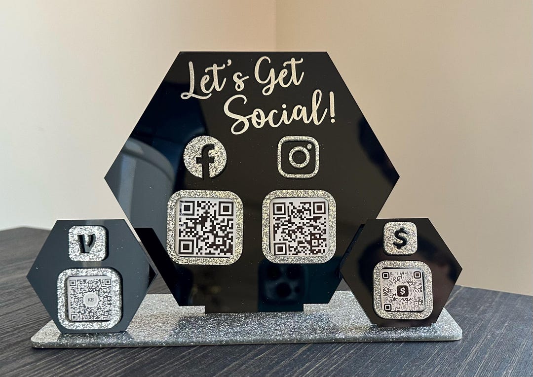 Social Media Sign Acrylic Hexagon Multi QR Code Black With Silver ...