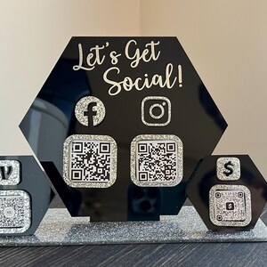 Social Media Sign Acrylic Hexagon Multi QR Code Black With Silver ...