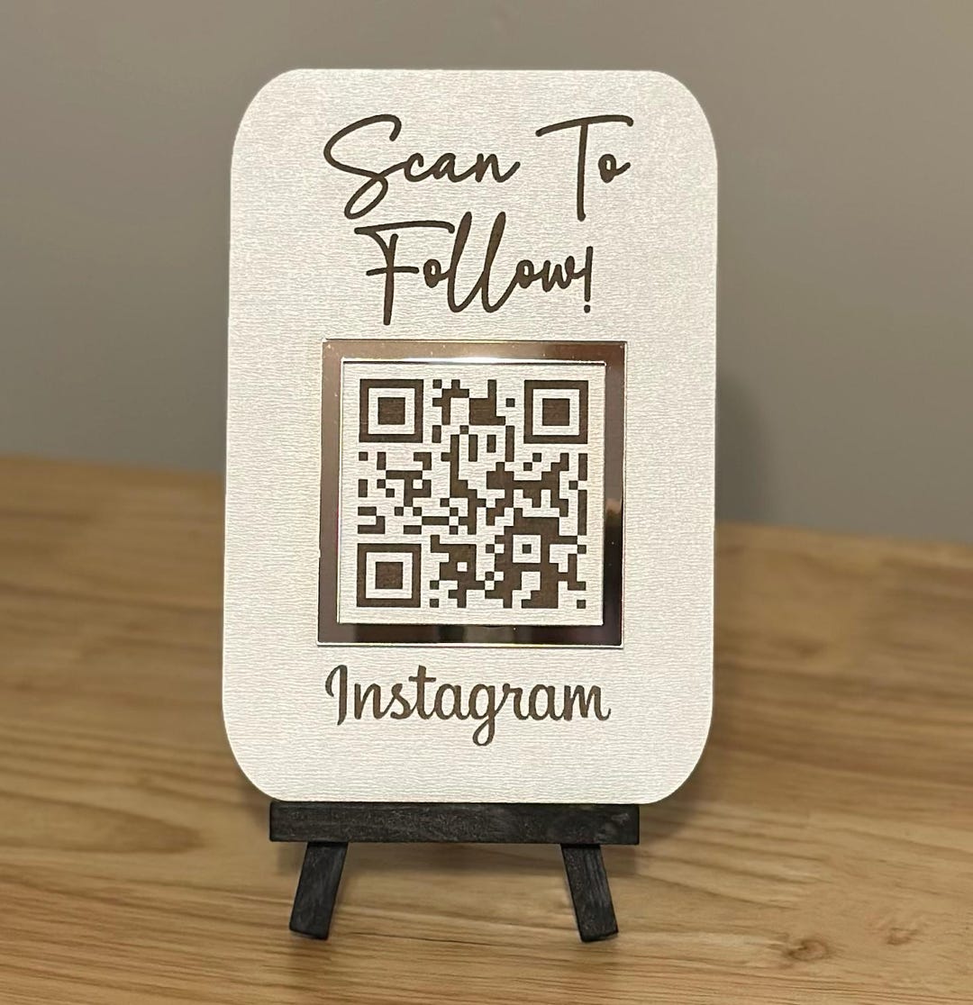 Custom QR Code Social Media Sign Engraved White Wood With Mirrored Rose ...
