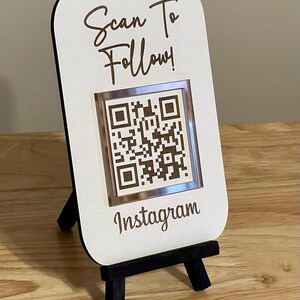 Custom QR Code Social Media Sign Engraved White Wood With Mirrored Rose ...