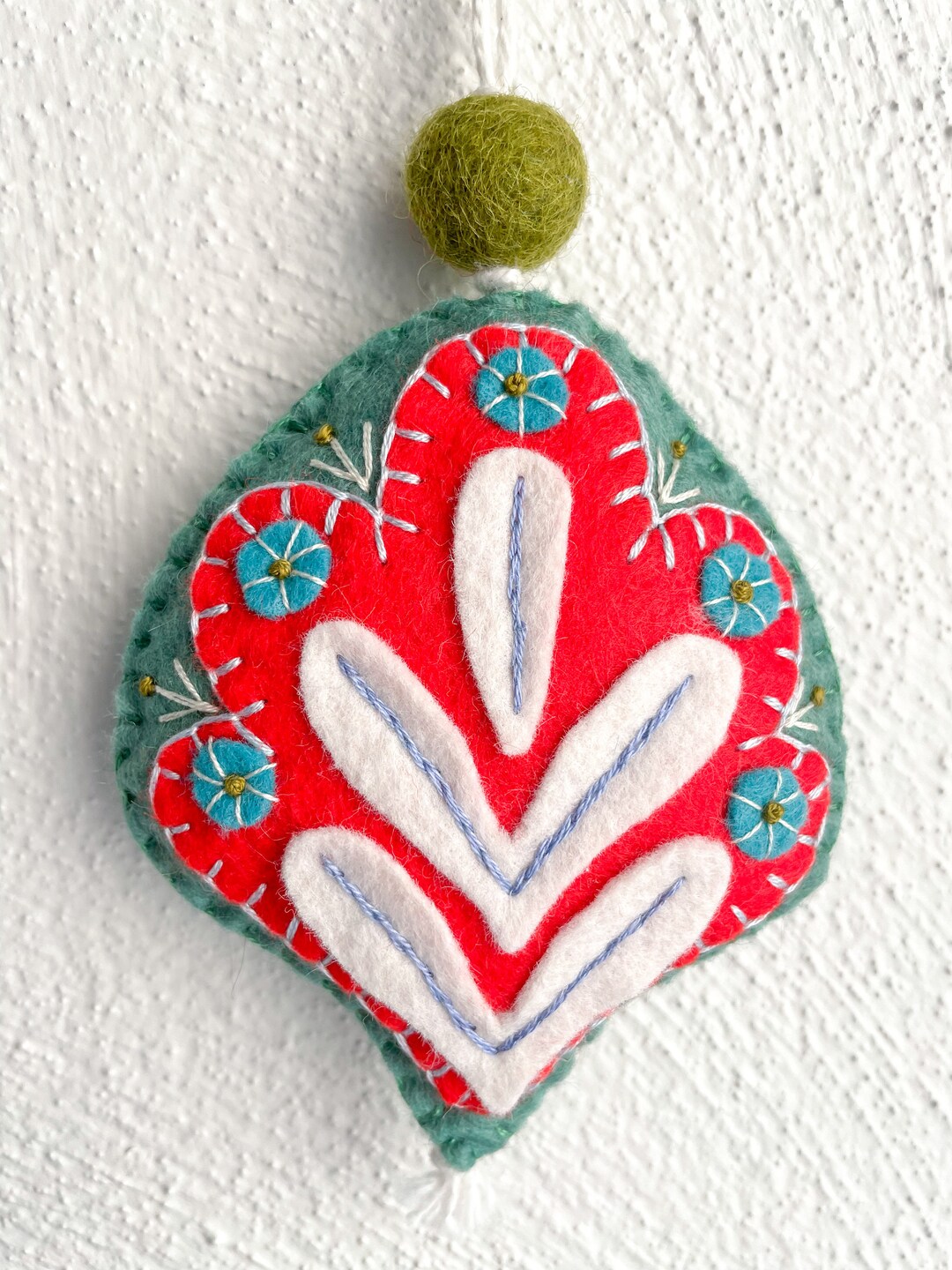 Folk Spade Flower Hand Embroidered Holiday Ornament Wool Felt Geranium ...