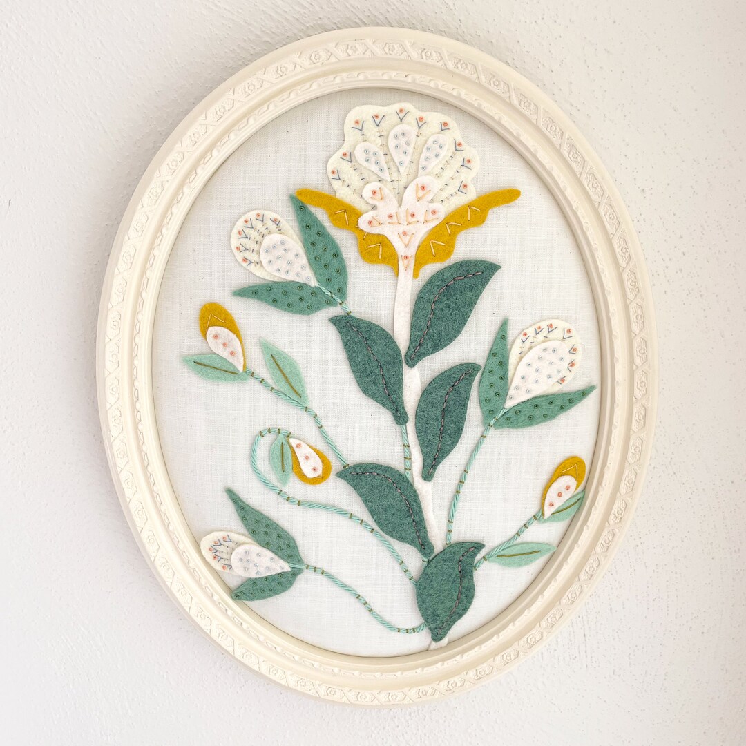 Hand Embroidered Oval Frame Wool Felt Floral Folk Art, White, Dark ...